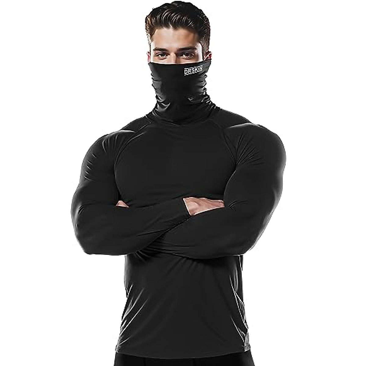 DRSKIN 2 Pack Men's MASK Turtleneck Compression Shirts Top Long Sleeve Thermal Sports Baselayer Running Athletic Workout (Turtleneck SB01 2P, L)