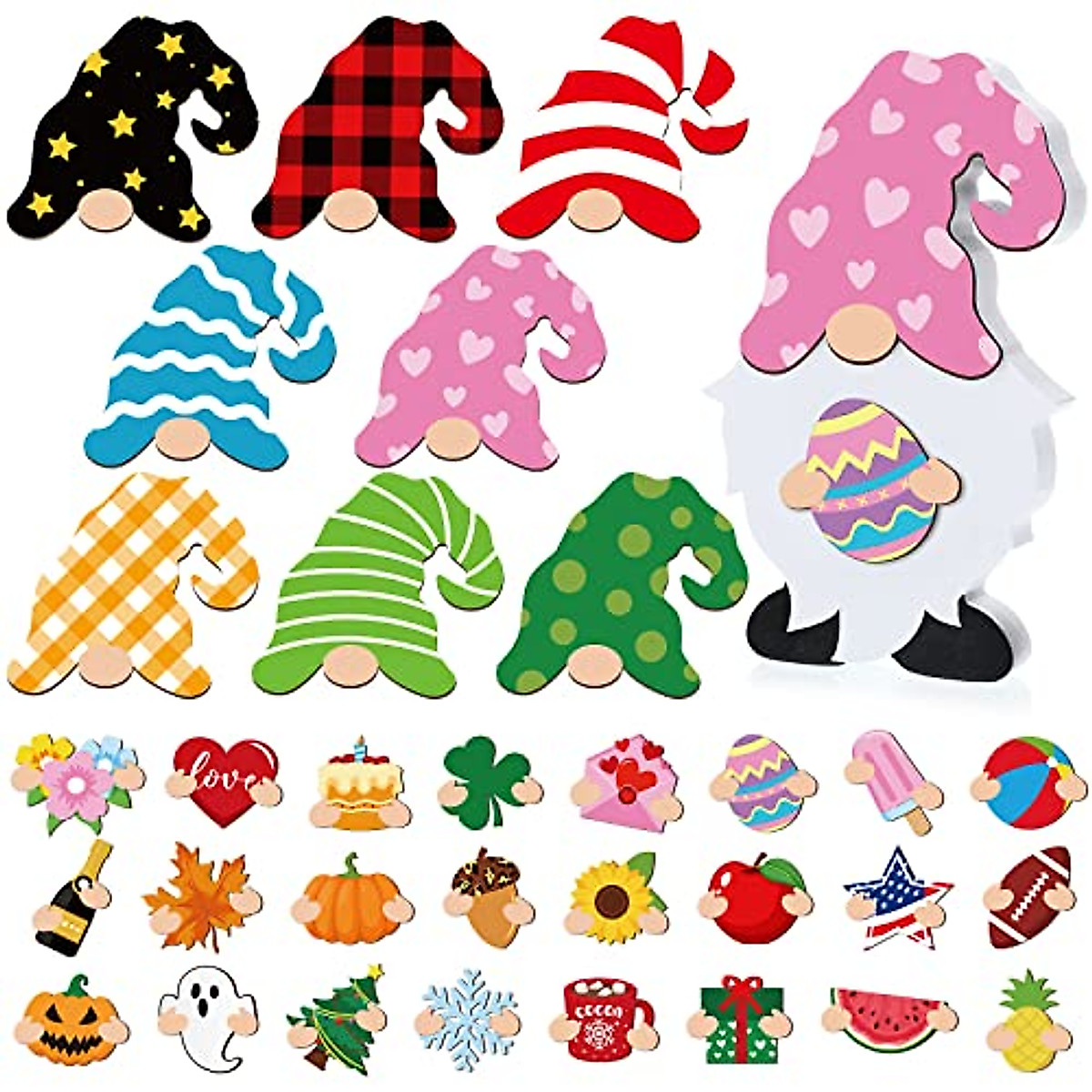 Qunclay Interchangeable Easter Wooden Gnome Decor Holiday Seasonal Tiered Tray Decoration with 24 Magnet Swappable Pieces and 8 Detachable Hats Gnome Changeable Welcome Sign for Home