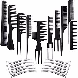 10 Pieces Hair Barber Styling Comb Set with 10 Pieces Duck Bill Clips Hair Cutting Comb Set Salon Anti-static Stylists Comb Clip Set for Women Men (Black)