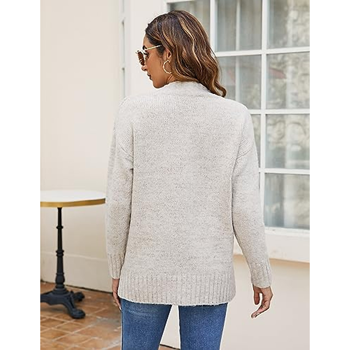 Bluetime Women Casual Long Sleeve Sweaters Soft Loose Fit Cable Knit Pullover V Neck Oversized Tunic Sweater Tops (L, Light Apricot)