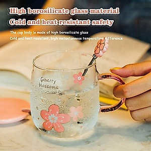 ZRAGEK Sakura Mug Creative Sakura Cup Coaster, Office Drinking Cup with Scale, Cute Heat Resistant Glass Mug with Lid Spoon, 17.6 oz Large Capacity(Big flower,17.6Oz)