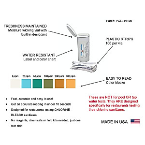 Restaurant Chlorine Sanitizer Plastic Test Strips, 0-300 ppm [Moisture Wicking Vial of 100 Strips]