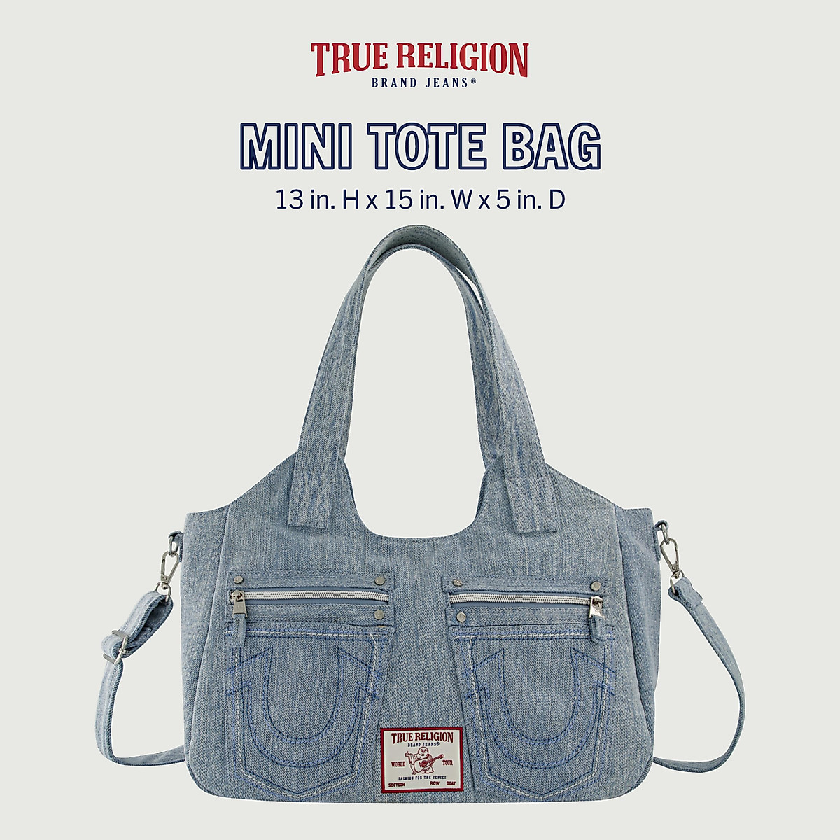 True Religion Women's Satchel Bag, Crossbody Purse Handbag with Horseshoe Logo Stitching, Denim