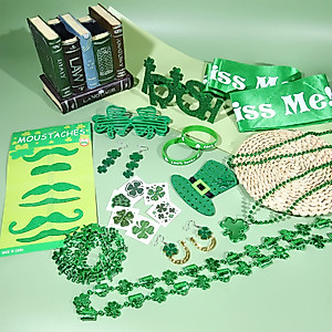 Florideco St. Patrick's Day Accessories Costumes Set With 2 Pairs Earrings 2 Glasses 4 Shamrock Necklace 2 Lucky Bracelets 6 Mustaches 2 Irish Shoulder Strap for Women Irish Party Favors St Patricks Day Decorations