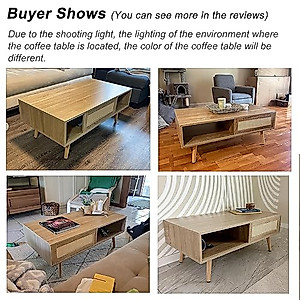 Mid Century Modern Coffee Table with Storage, 41.3 Inch Rectangle Wooden Accent Center Sofa Table with Sliding PE Rattan Woven Door Panel and Solid Wood Legs, Suitable for Living Room, Apartment