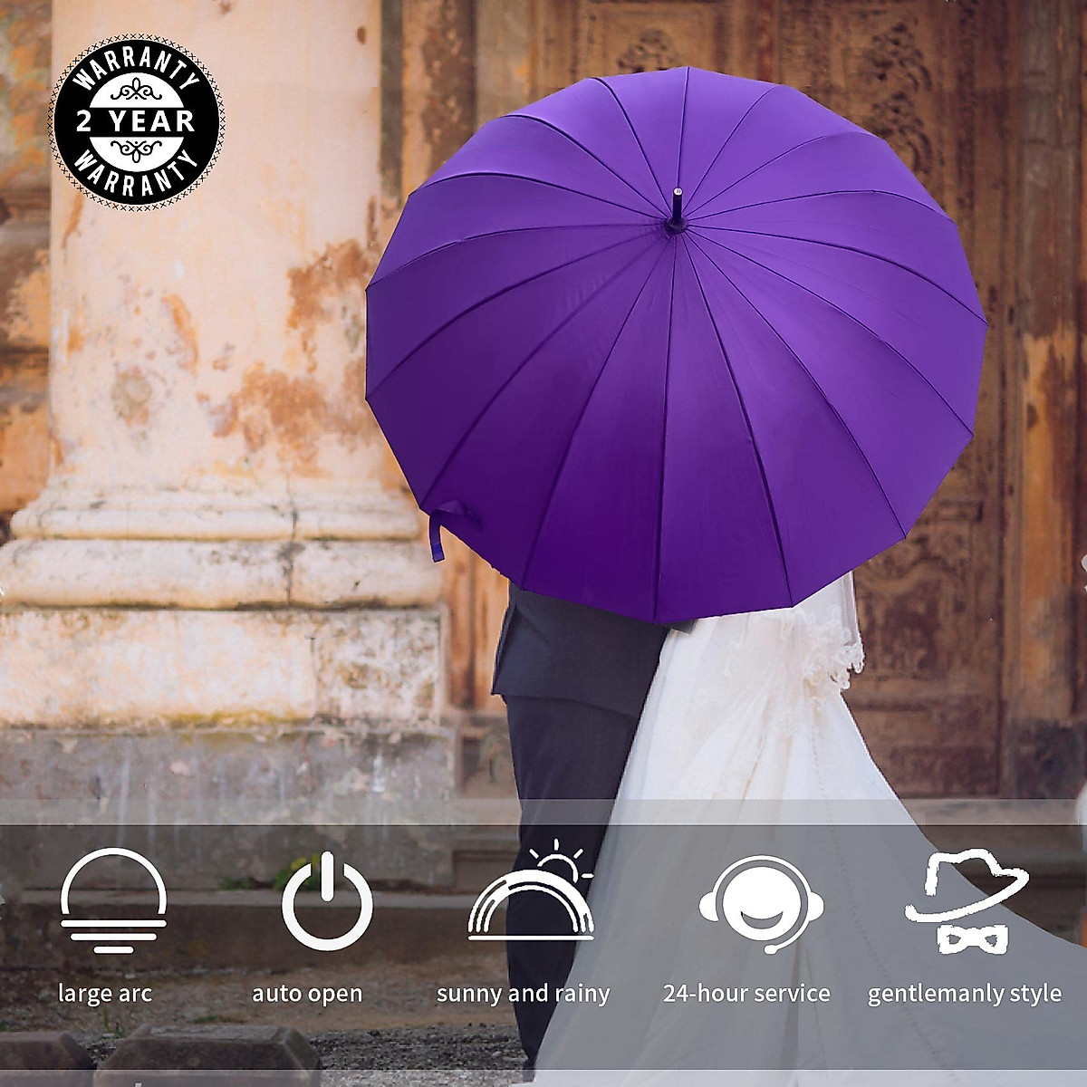 MRTLLOA 52 Inch Windproof Large Umbrellas for Rain, 16 Ribs, J Wooden Handle, 210T High-density Fabric Golf Stick Umbrella(52 Inch, Purple)