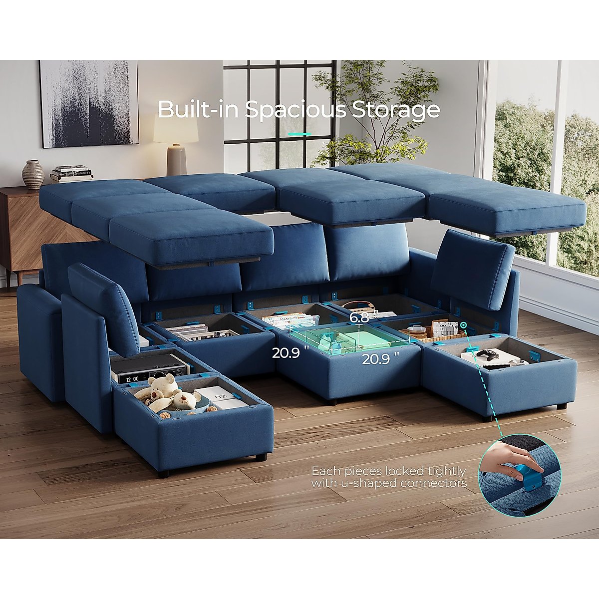 LINSY HOME Modular Sectional Sofa, Oversized Sectional Couch with Storage, Ottomans, Modular Sectional Sleeper Sofa with Memory Foam, 9 Seat U Shape Sofa Set for Living Room, Blue