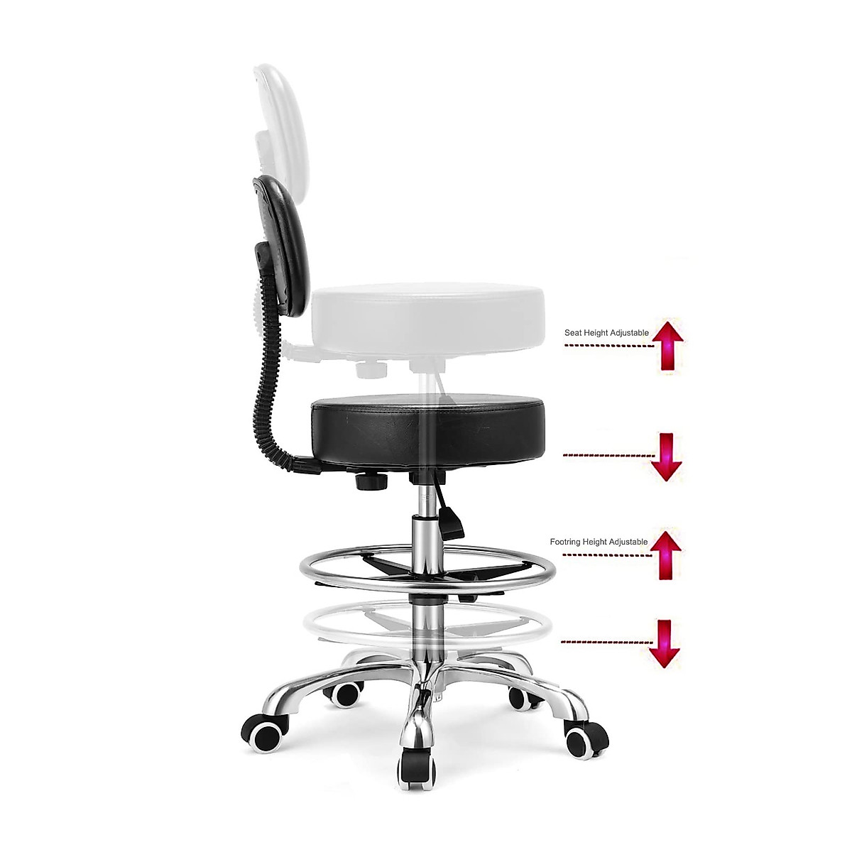 Kaleurrier Rolling Swivel Adjustable Heavy Duty Drafting Stool Chair for Salon,Medical,Office and Home uses,with Wheels and Back (Black with Footrest)