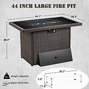 Vakollia Propane Fire Pit Table,44 Inch 55000 BTU Outdoor Gas Fire Pit Rectangular with Glass Wind Guard for Outside Patio Deck (Brown-Glass Top)