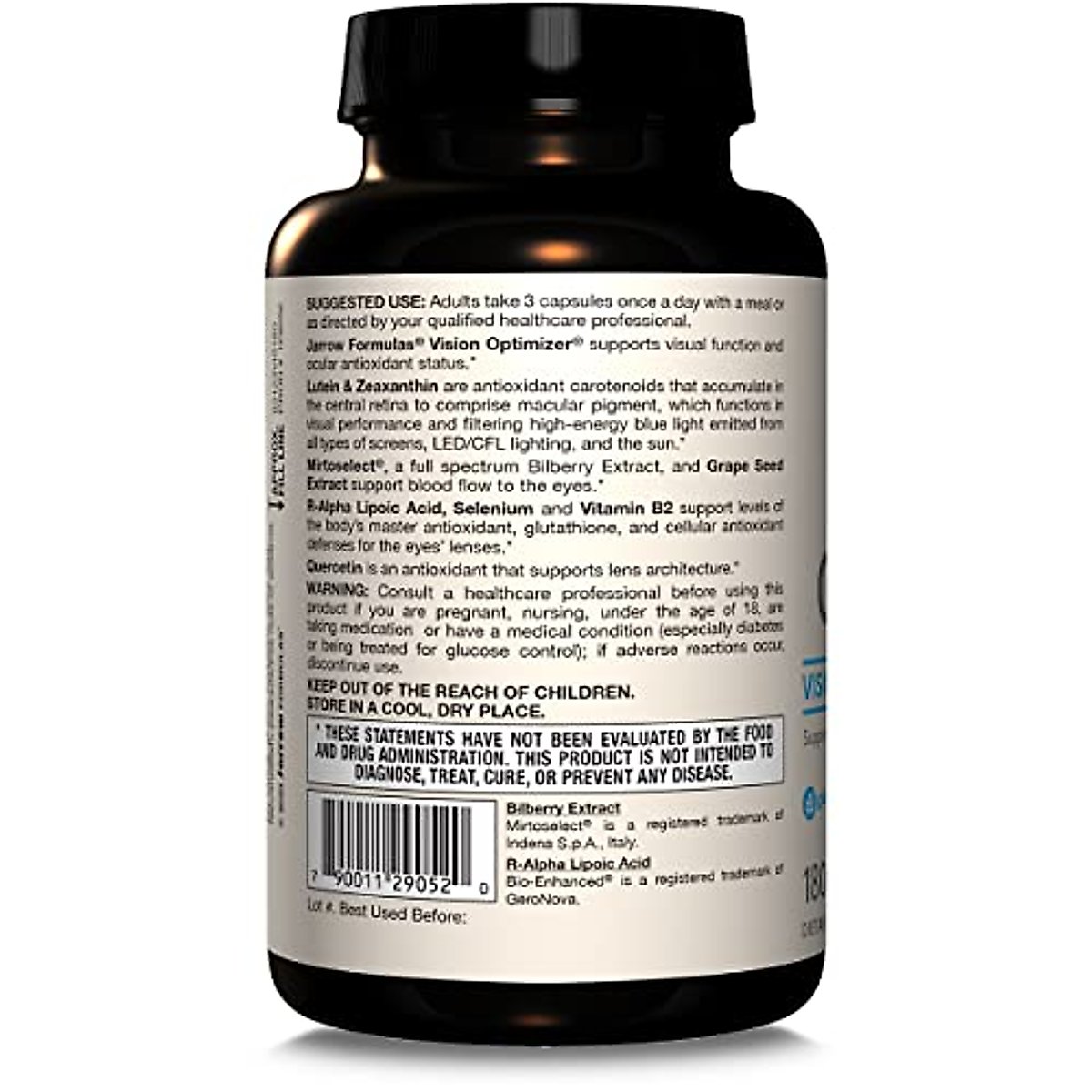 Jarrow Formulas Vision Optimizer Veggie Capsules - 180 Count - Eye Supplement - Dietary Supplement - with Grape Seed Extract, Lutein & Zeaxanthin, Quercetin & More - Non-GMO - Gluten Free