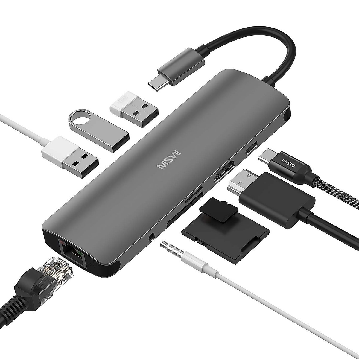 MSVII USB C Hub, 9 in 1 USB Type C Adapter with Ethernet, 4K USB C to HDMI, 3 USB 3.0 Ports, SD/TF Card Reader, 3.5mm Audio Jack, PD Fast Charging for Mac Book Pro and Other Type-C Laptops