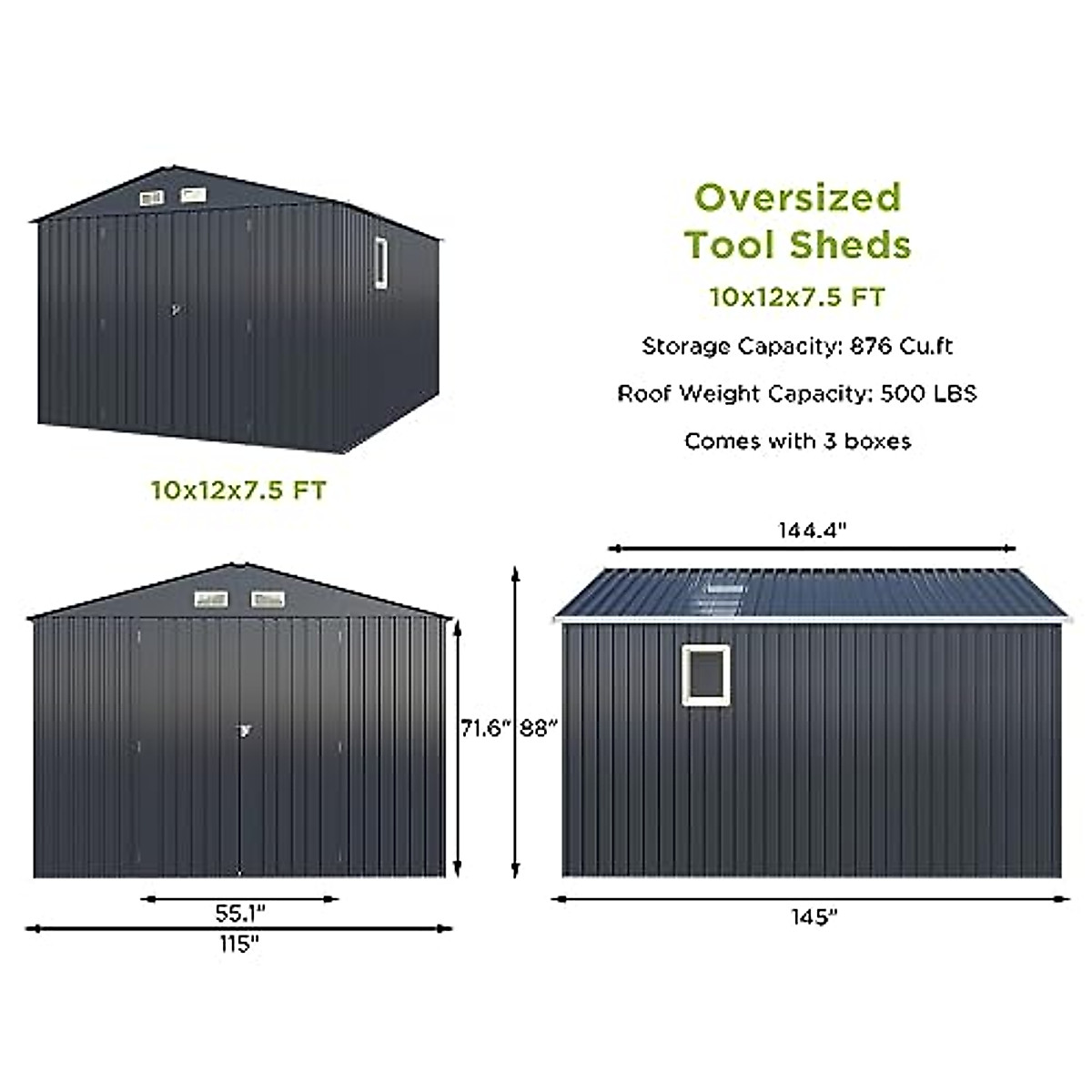 VanAcc 10x12x7.5 FT Outdoor Storage Shed, Galvanized Steel Metal Garden Sheds Kit with 2 Light Transmitting Window and Double Lockable Door, Oversized Tool Sheds for Backyard Patio Dark Grey/White
