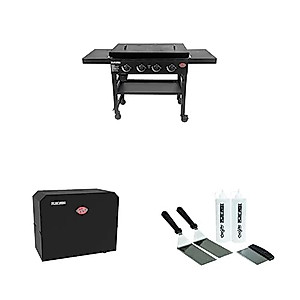Char-Griller 8036 Flat Iron 4 Burner Outdoor Griddle Gas Grill with Lid + Grill Cover + Griddle Accessory Kit Bundle
