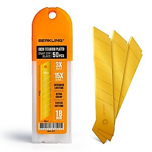 Berkling 18mm Utility Knife Blades, Titanium Fully Plated SK2H Steel Replacement Blade | 3x Sharper and 5x More Durable Than SK5 Blades | Fits all 18mm Utility Knife & Box Cutter, 50 PCS