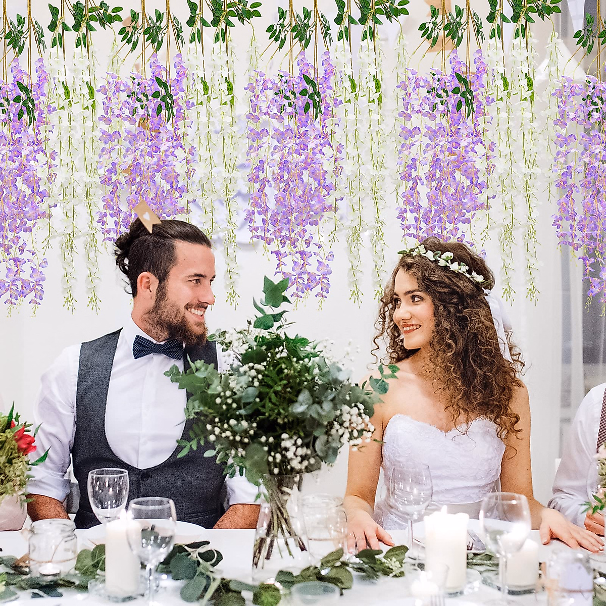 Artificial Wisteria Hanging Flowers 3.6 ft Artificial Fake Wisteria Vine Rattan Hanging Garland Silk Flowers String for Wall Home Wedding Party Greenery Decorations (Purple, White,24 Pcs)