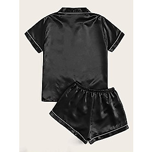 WDIRARA Women's Plus Sleepwear Satin Short Sleeve Shirt and Shorts Pajama Set Black 4XL