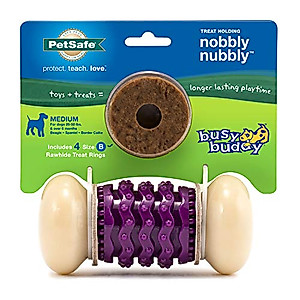 PetSafe Busy Buddy Nobbly Nubbly Treat Holding Dog Toy – Strong Chewers – Challenging - Treat Rings Included - Medium