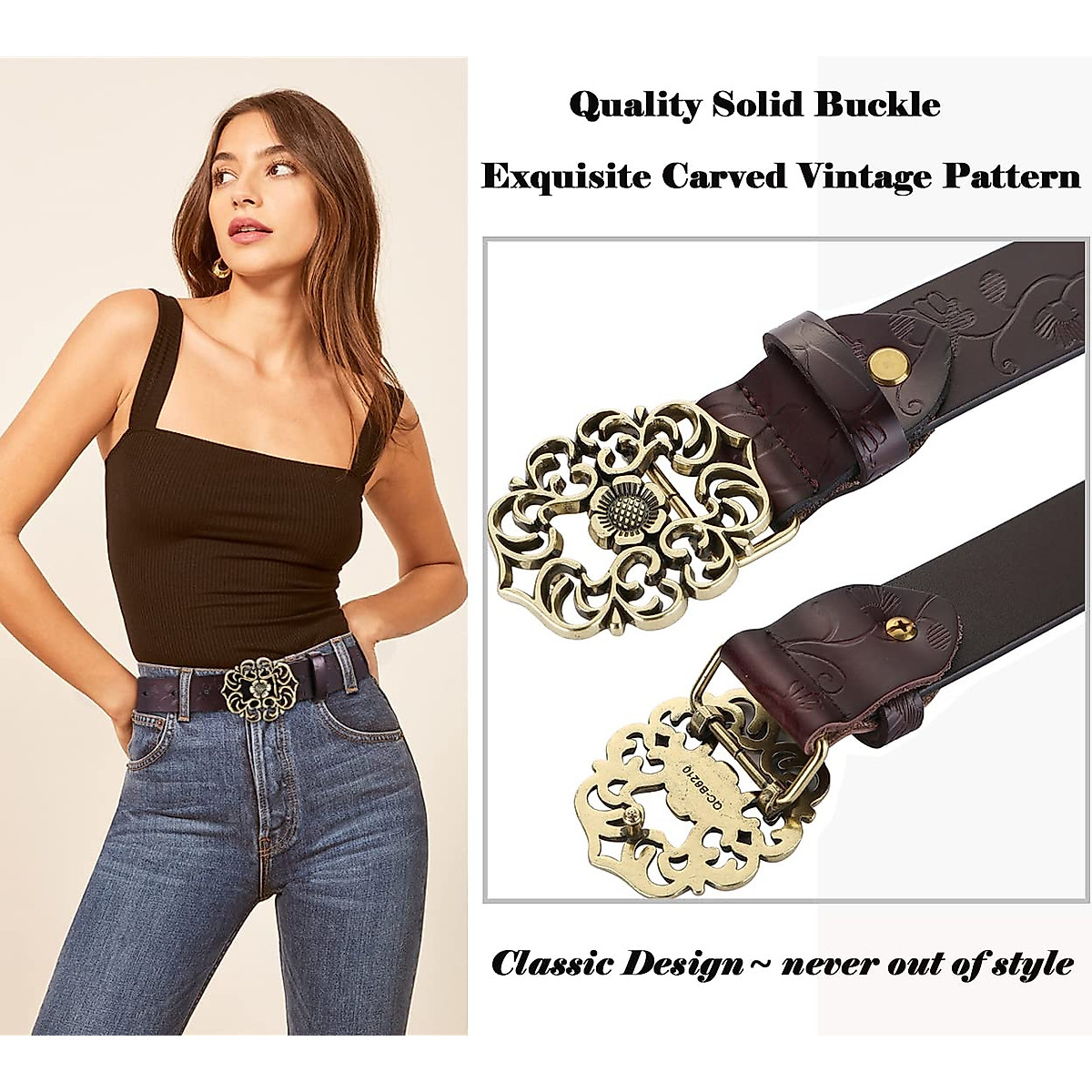 ALAIX Women's Leather Belt for Dress Jeans Belt Vintage Genuine Leather Wide Waist Belts for Women Coffee-M