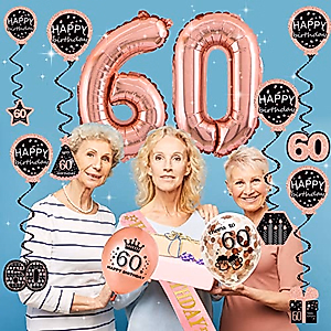 60th birthday decorations for women - (76pack) rose gold party Banner, Pennant, Hanging Swirl, birthday Balloons, Foil Backdrops, cupcake Topper, plates, Photo Props, Birthday Sash for gifts women