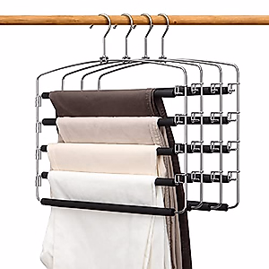 Clothes Pants Slack Hangers 5 Layers Non Slip Closet Storage Organizer Space Saving Hanger with Foam Padded Swing Arm for Pants Jeans Scarf Trousers Skirts (Updated Version-4pcs Black)