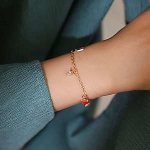 FUTIMELY 4 Pcs Strawberry Jewelry Set Red Strawberry Necklace, Strawberry Earrings, Strawberry Ring, Strawberry Bracelet Cute Food Fruit Charm Jewelry for Woman