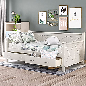 Bellemave Twin Daybed Frame with Storage Drawers,Wood Platform Beds Captain Sofa Bed for Kids,Bedroom,Living Room(Cream White)