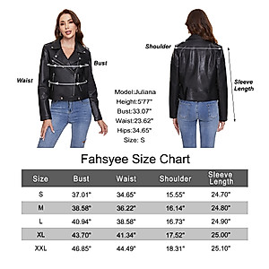 Fahsyee Women's Faux Leather Jackets, Zip Up Motorcycle Short PU Moto Biker Outwear Fitted Slim Coat Black Size L