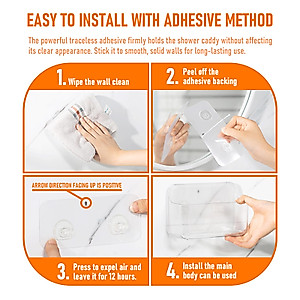 BShasrlim Acrylic Shower Shelves - Adhesive Wall Mounted Shower Organizer Clear with Soap Dish and Hooks - No Drill Adhesive Shelf for Bathroom and Kitchen Storage (Clear, Long Set of 4)
