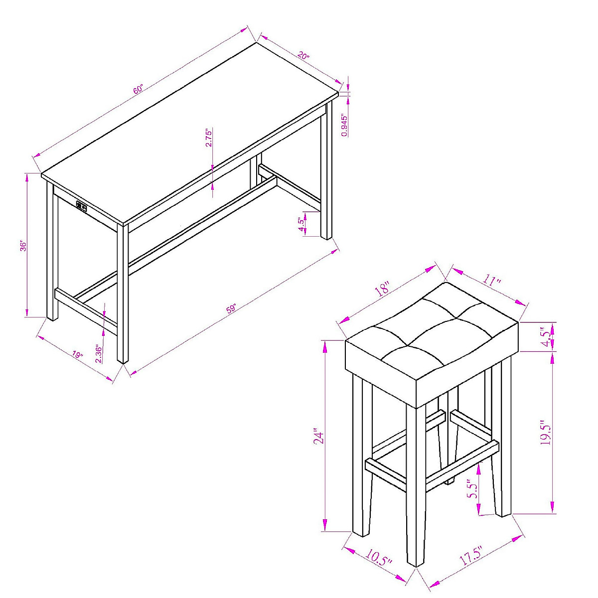 LKTART 4 Piece Bar Table Set Dining Bar Table and Chairs Set with Power Outlet Industrial Breakfast Table with 3 Padded Stools Rustic Bar Kitchen Dinning Room Living Room Grey