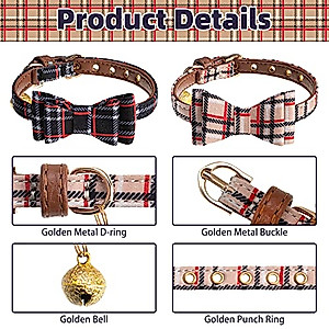 TAILGOO Classic Plaid Puppy Collars 2 Pack - Adjustable Black & Beige Pet Collars with Golden Bell and Bowtie for Small Puppies Cats, Leather Collar