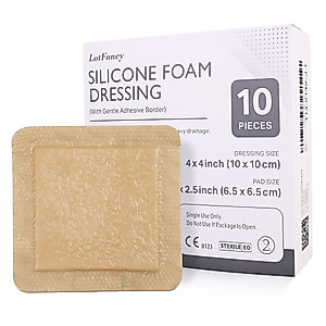 LotFancy Silicone Foam Dressing, 4"x 4" (2.5”x 2.5” Pad), 10 Count, Adhesive Wound Dressing with Border, Bed Sores, Pressure Ulcers Bandages Pads, Highly Absorbent, Waterproof