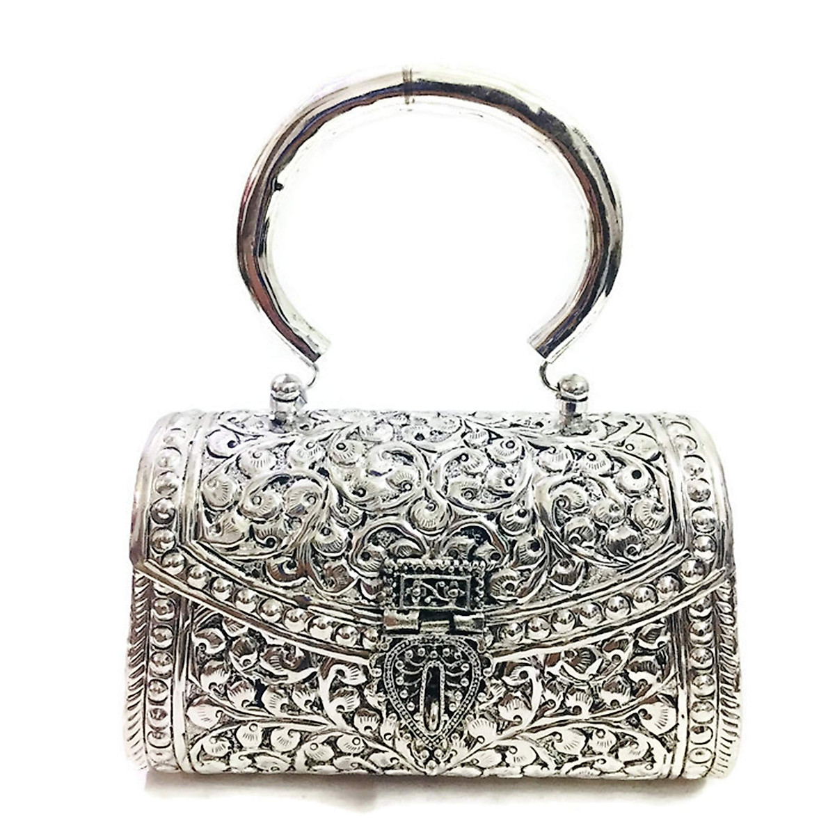 Indian Brass Clutch Silver white clutches Vintage Handmade Brass metal purse Hand clutch Handbag for women party Bride marriage clutch