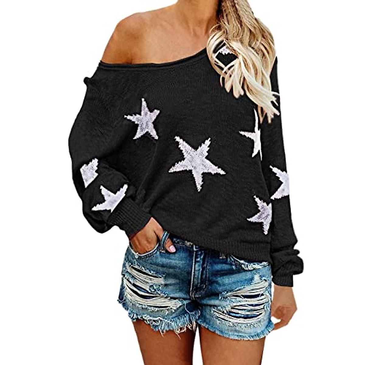 COCOLEGGINGS Women's V Neck Long Sleeve Star Sweater Jumper Pullover Black M