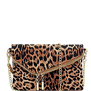 Trendeology Fashion PU Leather 2 Way Flap Clutch Wristlet Bag with Chain Shoulder strap (1Leopard Print - 1Tan)
