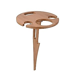 JIANWEI Foldable Wine Table Stake for Sand and Grass- Portable Beach Table Sturdy Wine Table, Lawn and Garden, Round Wooden Camping Picnic Glass Holder for Outdoor, Beach(C)
