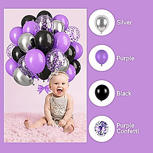 GREMAG Black and Purple Balloon, 60 Pcs Latex Balloon, 12inch Purple Black Silver Confetti Balloon with Ribbons, for Wedding, Birthday Party Decorations, Anniversary, Graduation, Theme Party Supplies