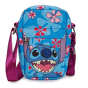 Buckle Down Disney Bag, Cross Body, Lilo, Stitch Smiling Closeup with Flowers, Blues, Vegan Leather, Lilo & Stitch
