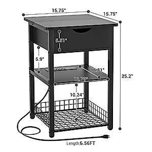 Cyclysio Nightstand Set of 2 with Charging Station, End Table Side Table with USB Ports and Outlets, Modern Flip Top Night Stands with Shelves, Slim Bedside Sofa Table for Living Room, Bedroom, Black