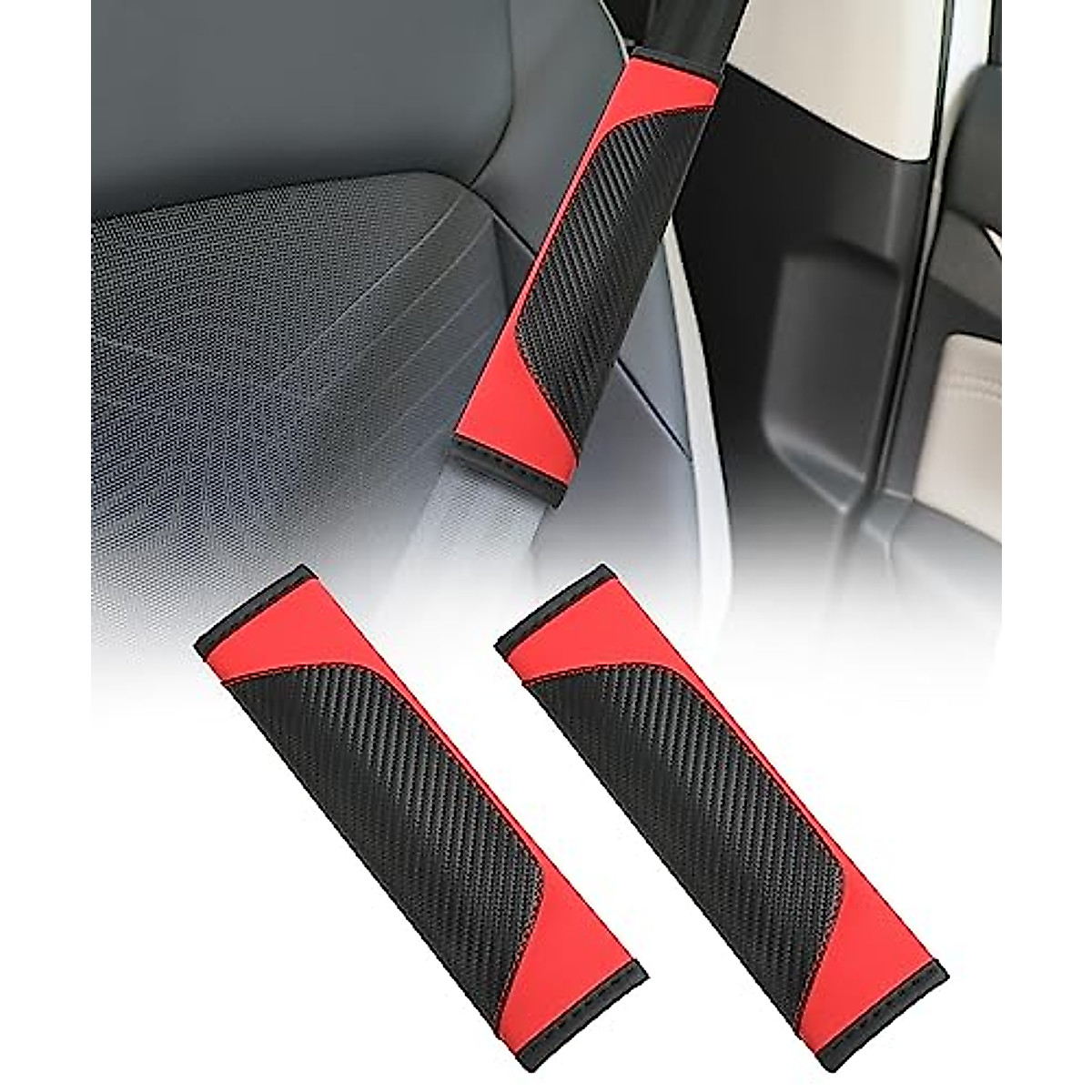 Qziulr Zlirfy 2PCS Car Seat Belt Cover,Seat Belt Shoulder Pad,Carbon Fiber Safety Seatbelt Shoulder Strap Covers,Leather Safety Belt Cover (Black&Red)