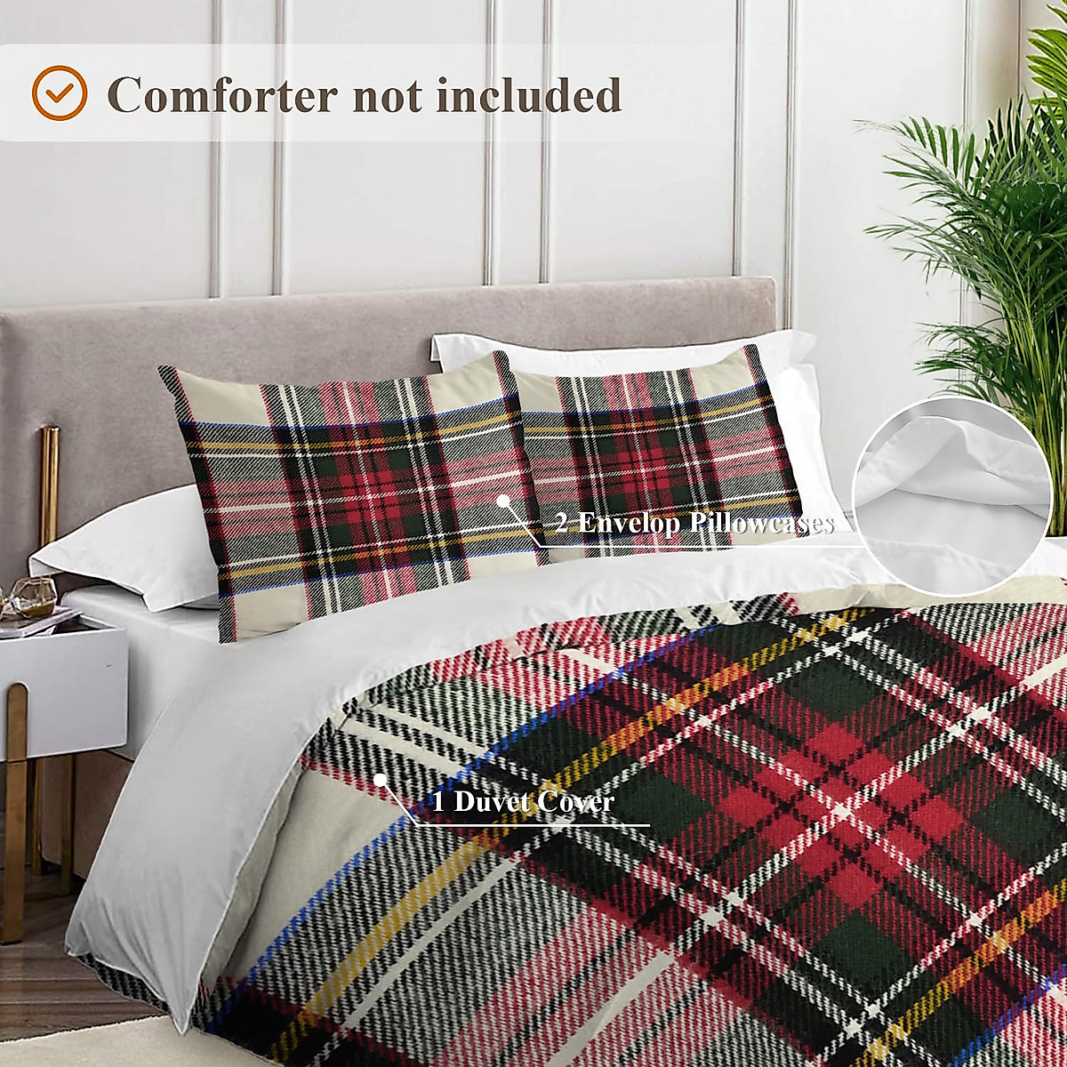 Shrahala Scottish Tartan Duvet Cover Set Queen Size, Green Wool Plaid Symmetric Square Fashion 3 Pieces Soft Brushed Duvet Covers with Button Closure (No Comforter)