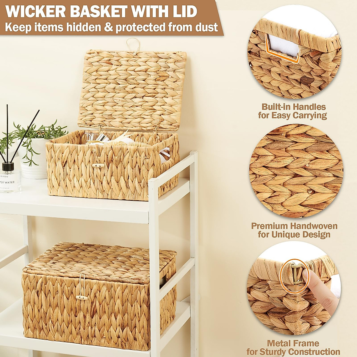 Edergoo Wicker Basket with Lid, Water Hyacinth Storage Baskets for Shelves, Large & Small Wicker Storage Basket with Lid and Built-in Handles, Hand Woven Wicker Baskets for Storage 2 Pack