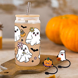 80UncleKimby Halloween Cups Gifts 18oz Glass Cup with Lid Straw and Caps Spooky Ghost Iced Coffee Mug for Women Teen(Colored)