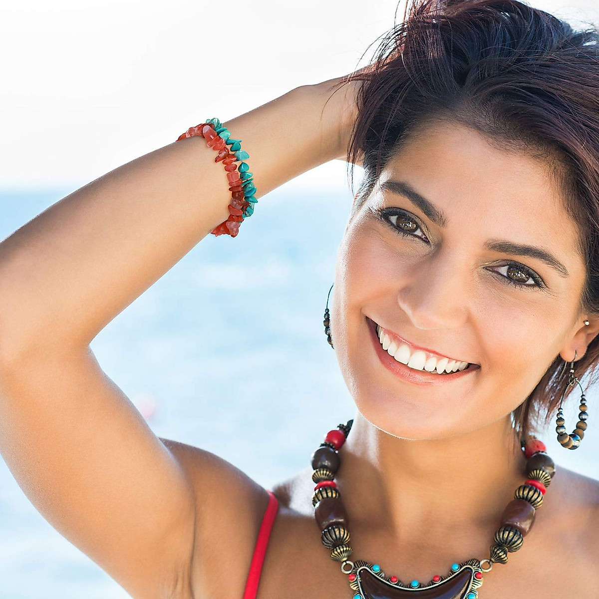 Hicarer 15 Pieces Crystal Bracelets Set Natural Gemstone Stretch Bracelets Spiritual Healing Crystals Summer Beach Jewelry Irregular Chips Bracelet for Women Gifts(Classic Style)