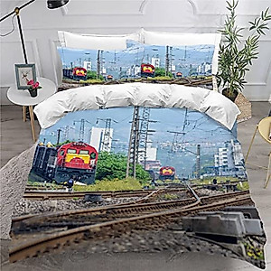 Quilt Cover Full Size Vintage Train 3D Bedding Sets Retro Train Duvet Cover Breathable Hypoallergenic Stain Wrinkle Resistant Microfiber with Zipper Closure,beding Set with 2 Pillowcase