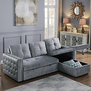 Morden Fort Sectional Sleeper Sofa with Pull Out Bed Storage, Queen Size 91 inches Sofa Bed, L-Shape Sectional Couch with Comfy Chaise Seat Sectional Sleeper Couch for Living Room, Velvet Grey