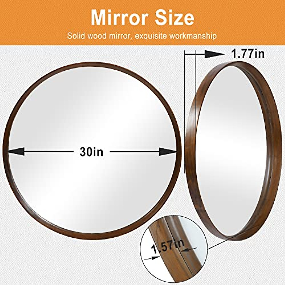 MAGFLERUM Round Wood Mirror 30 Inch, Wall-Mounted Circle Mirrors, Suitable for Entrance, Bedroom, Living Room, Hallway, Bathroom, Vanity (Brown)