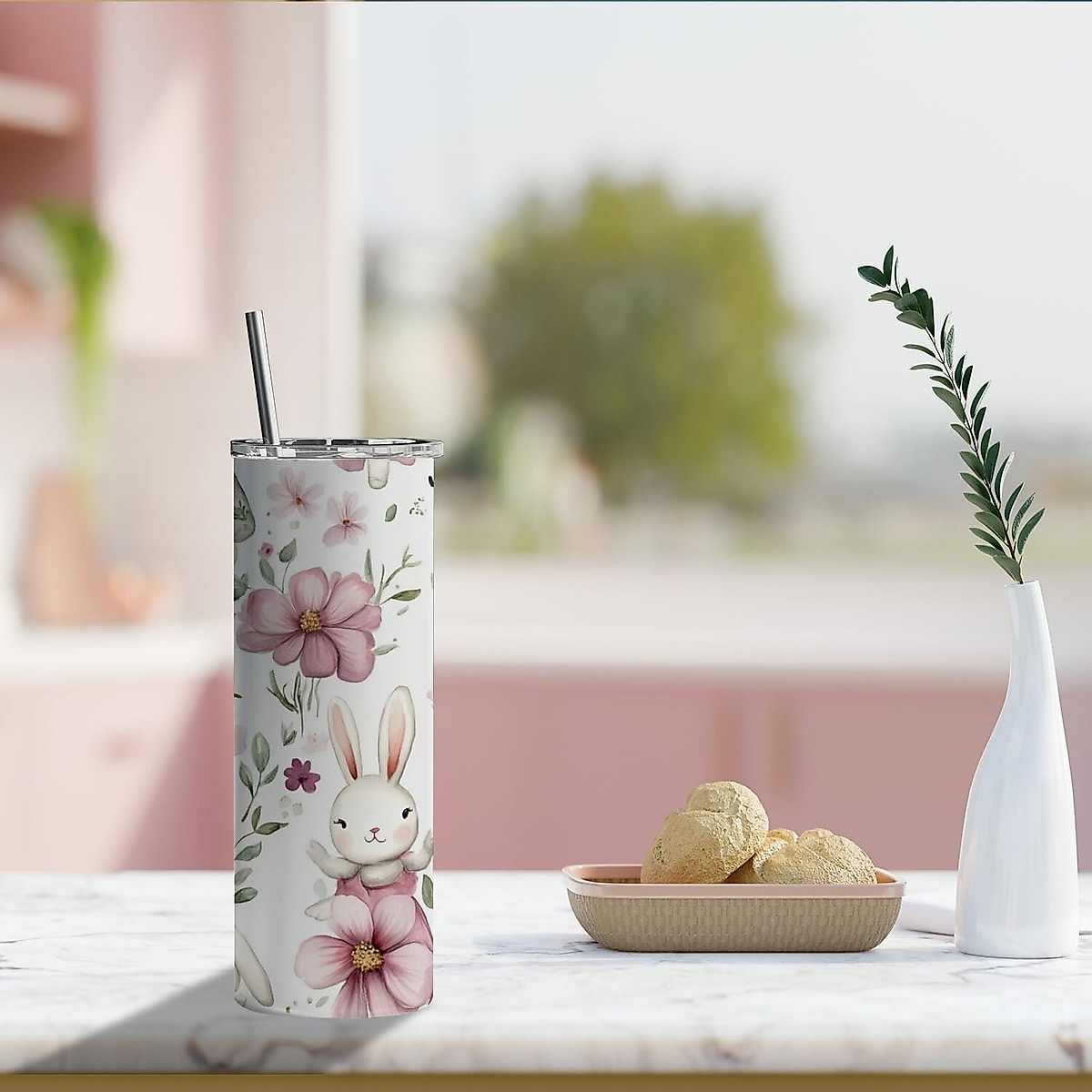 Tumbler with Lid and Straw Miss Rabbit and Flowers thermos coffee travel mugcute cups 20 oz insulated tumbler for Daily Holiday Decor Gift coffee cup