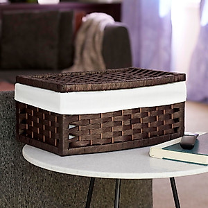 Household Essentials Hand-Woven Paper Rope Basket with Lid and Liner, Dark Brown Stain