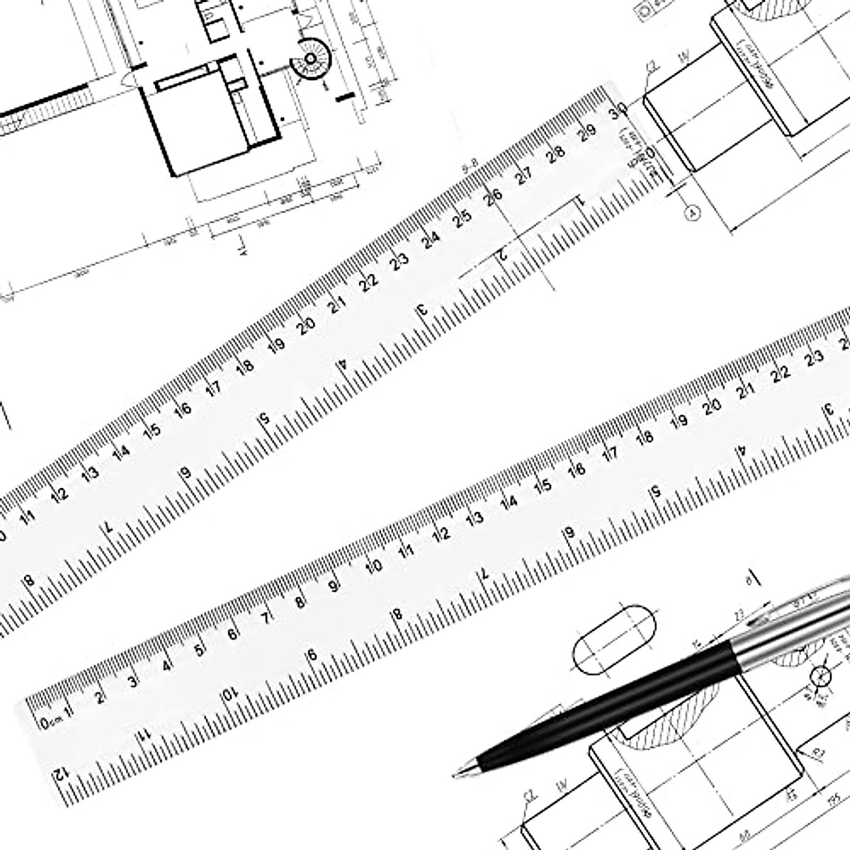 Unjoo Clear Plastic Ruler 12 Inch Straight Ruler, Shatterproof Ruler with Inches and Centimeters for School Classroom, Home, or Office (2pcs)