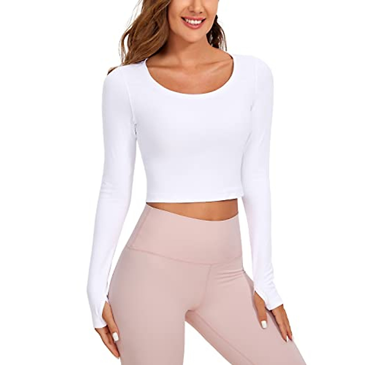 CRZ YOGA Butterluxe Long Sleeve Crop Tops for Women Slim Fit Workout Shirts Cropped Athletic Gym Top White Small